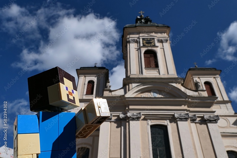 LEGO Minecraft Steve pointing at main tower of catholic Church Of The ...