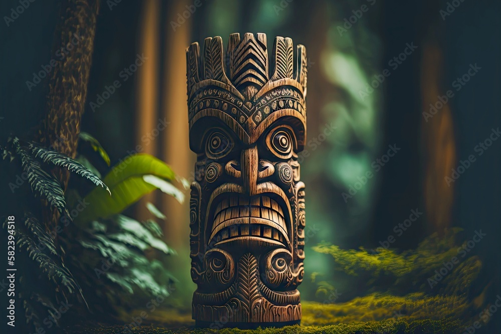 forest spirits wooden totem idol head of god tiki mask in forest on ...