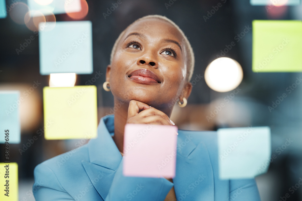 Vision, thinking and black woman with schedule, planning and agenda ...