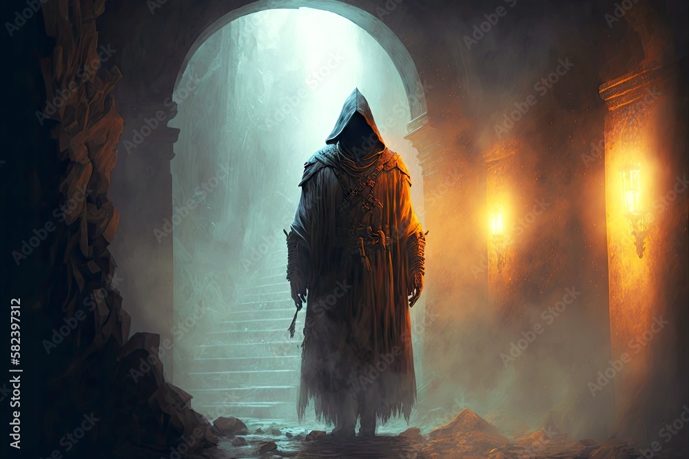 dark monk at crypt in cave grave in fog tomb, created with generative ...