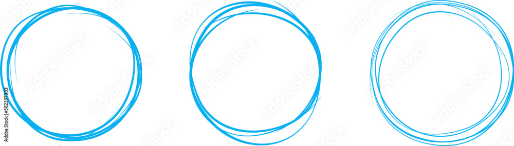 Blue circle line hand drawn set. Highlight hand drawing circle isolated ...