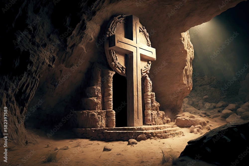 secret tomb with christian cross in resurrection cave, created with ...