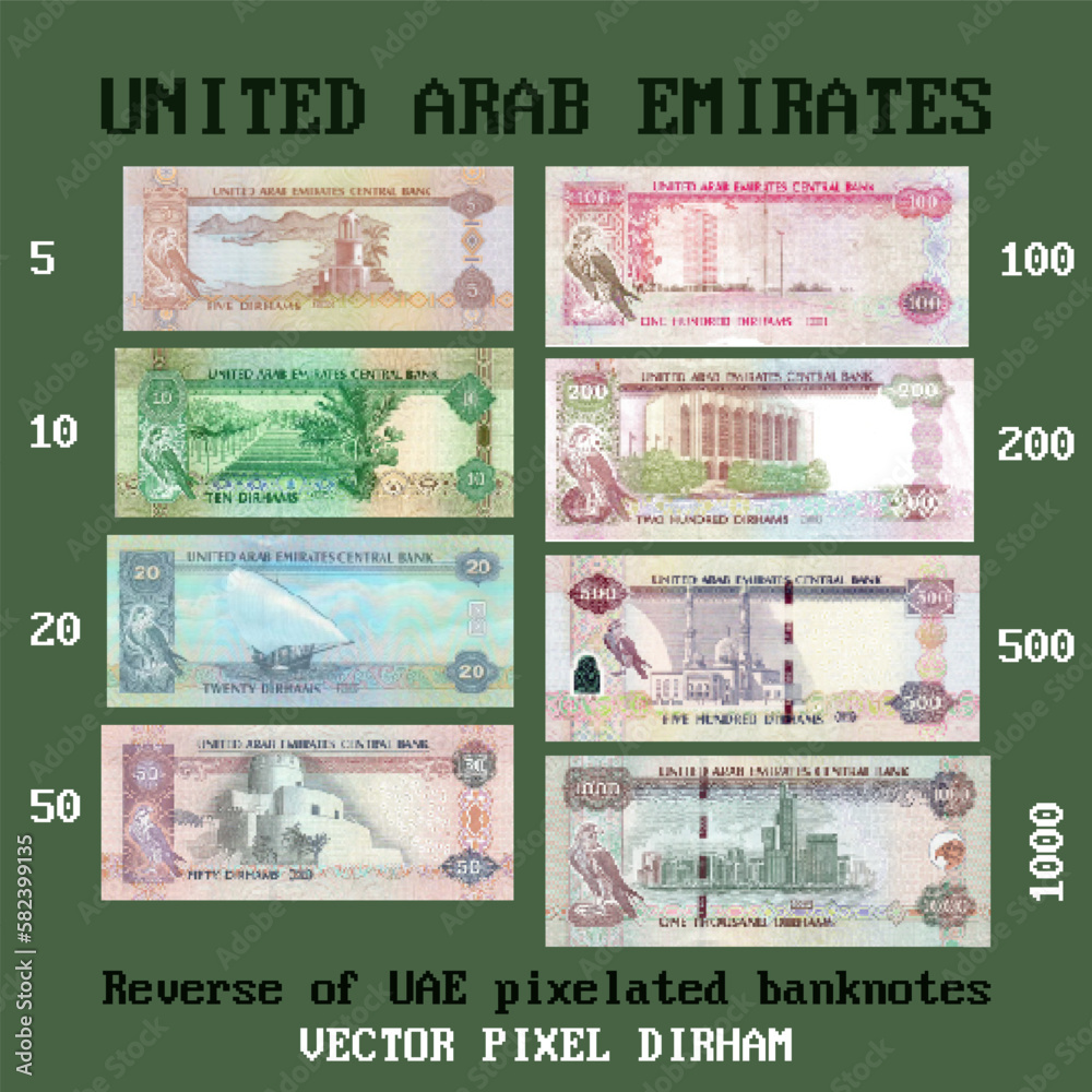 Vector set of United Arab Emirates paper pixelated, mosaic banknotes ...