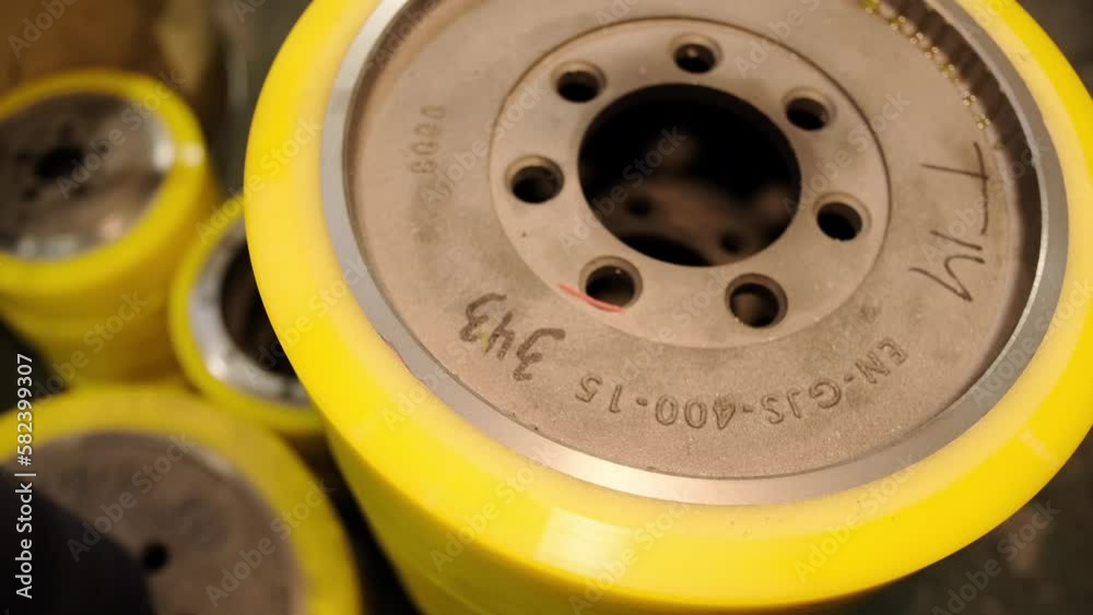 Stacker wheels with polyurethane coating, after restoration Stock ビデオ ...