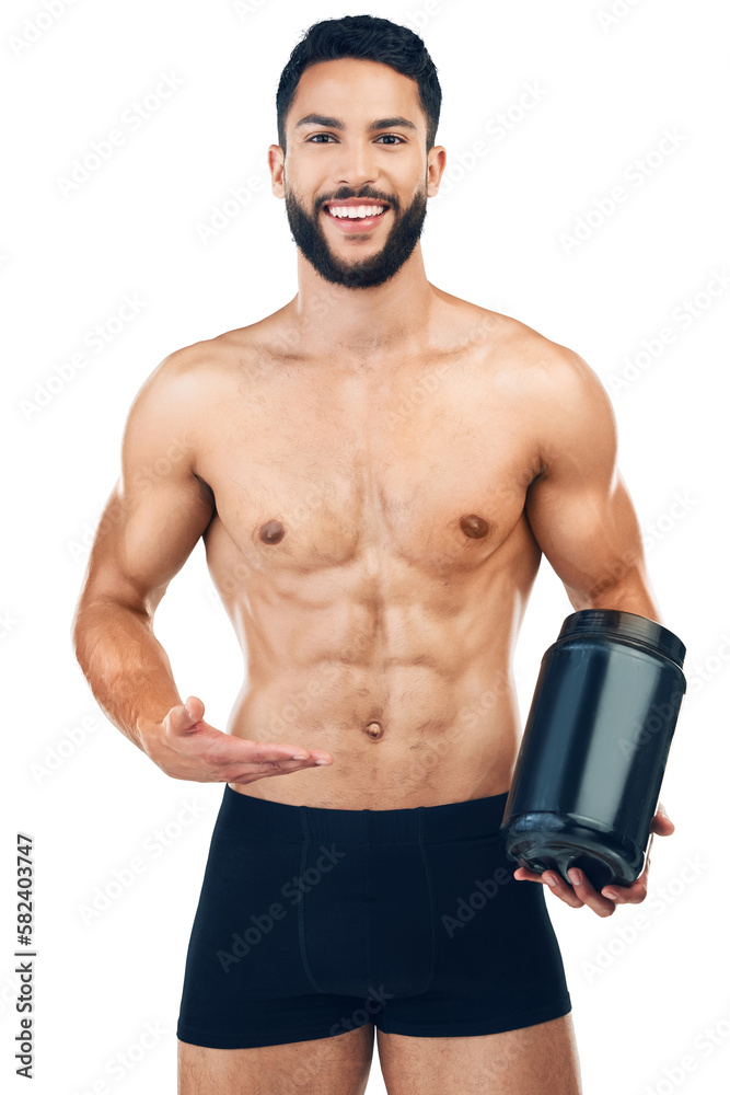 Fitness man, protein product and health for health, exercise and ...