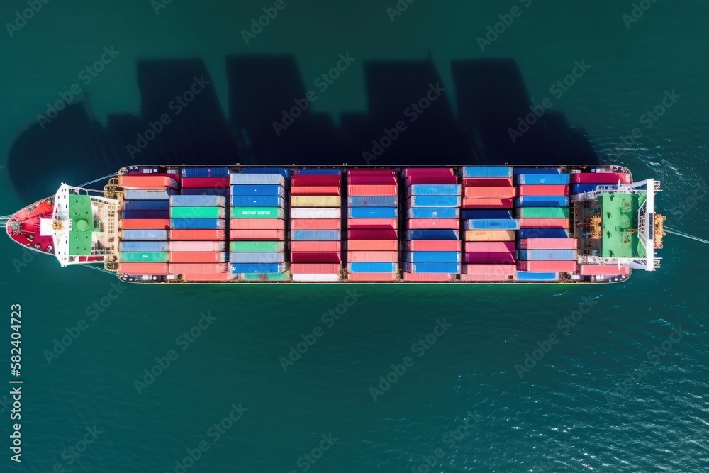 container ship is captured in a top-down aerial view, sailing through ...