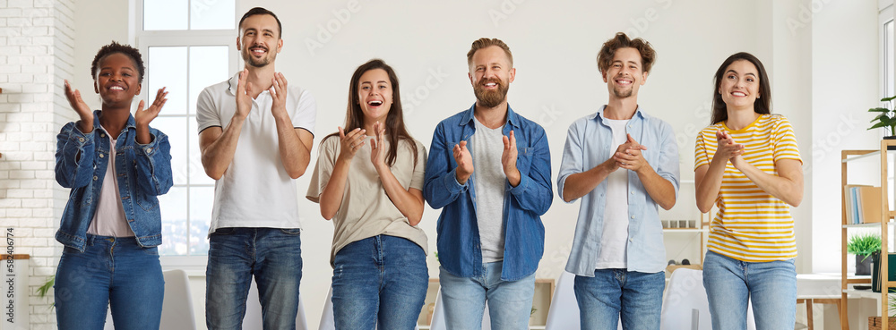 Team of happy diverse people clapping hands. Group of cheerful, joyful ...