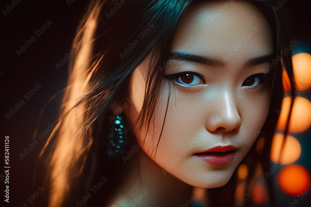Beautiful Asian Girl, Face Shot in Low light environment with Bokeh ...