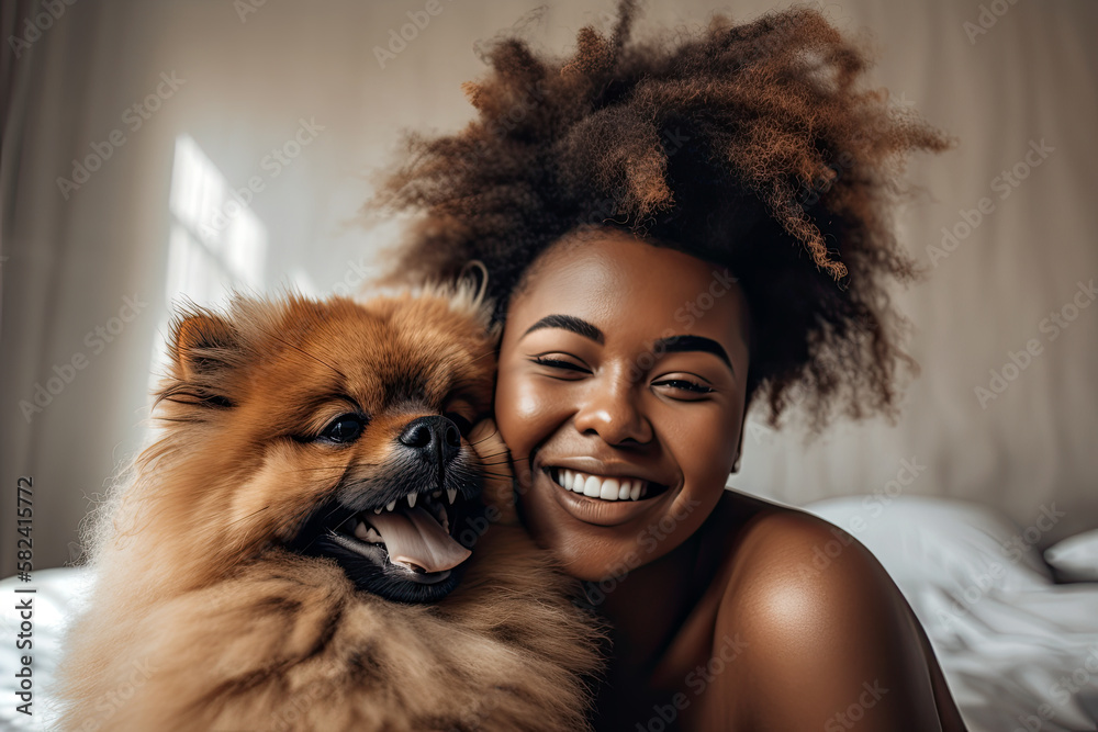 Generative Illustration AI of a black woman with afro hair smiling next ...