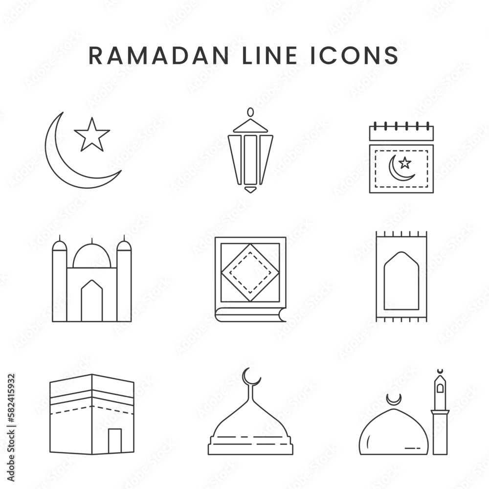 set of nine ramadan line icons islamic icons vector sketches,, islam ...