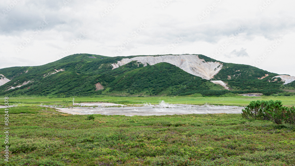 Panorama of hot springs, pools and warm toxic lakes in Kronotsky Nature ...