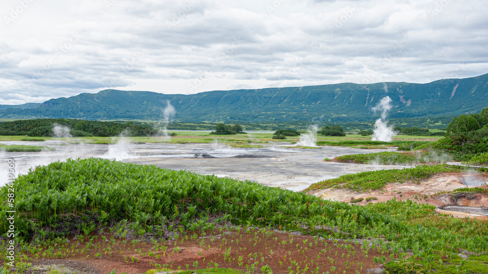 Panorama of hot springs, pools and warm toxic lakes in Kronotsky Nature ...