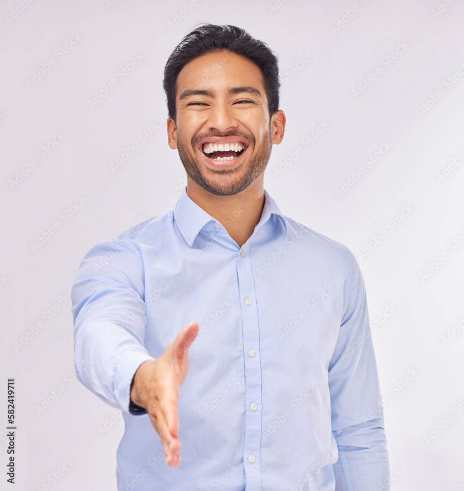 Portrait, laughing and business man with handshake in studio isolated ...