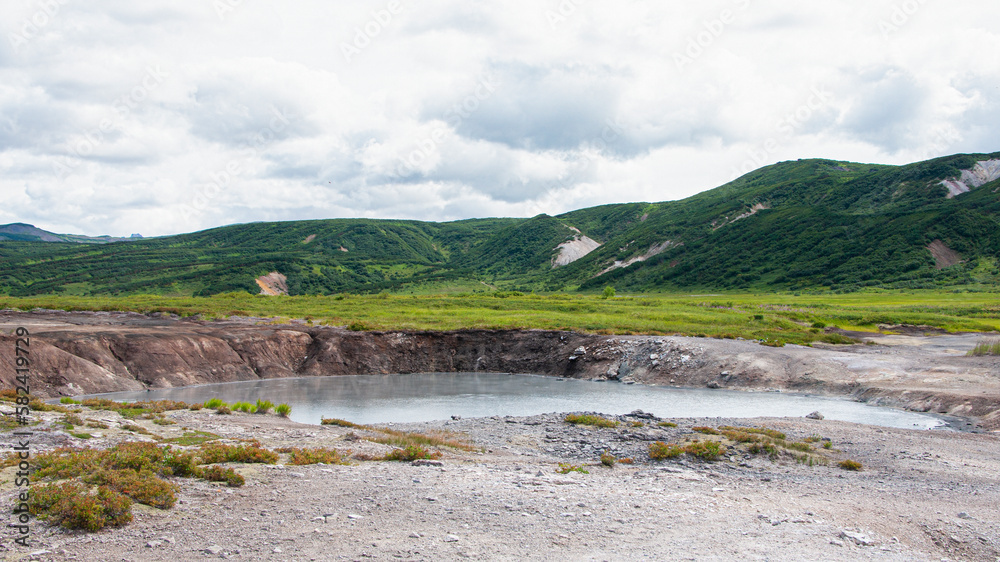 Panorama of hot springs, pools and warm toxic lakes in Kronotsky Nature ...