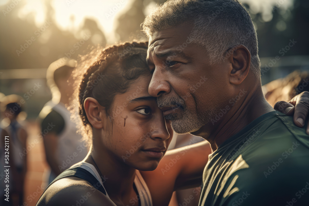 Black elderly sports coach hugging a young female black sports girl in ...