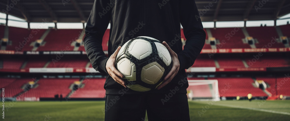 Banner of a referee standing with a soccer ball in both hands in the ...