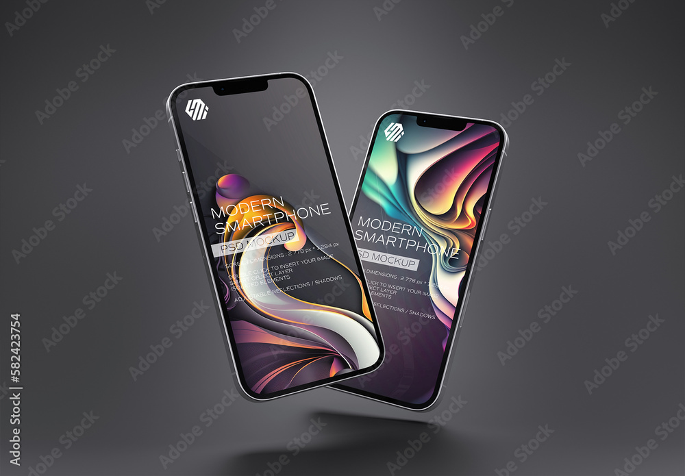 Two Modern Smartphones On Dark Mockup Stock Template | Adobe Stock