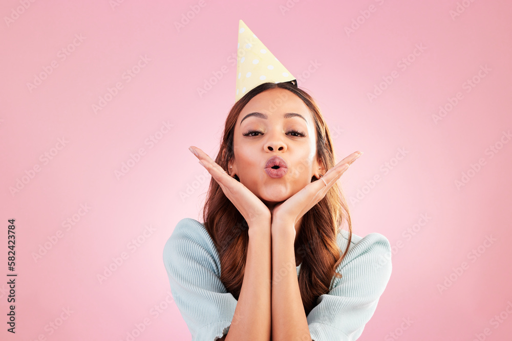 Birthday woman, face portrait and kiss for celebration event ...