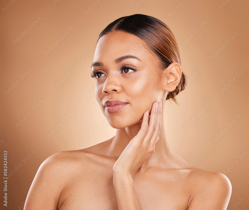 Skincare, natural beauty and thinking woman with soft skin from facial ...