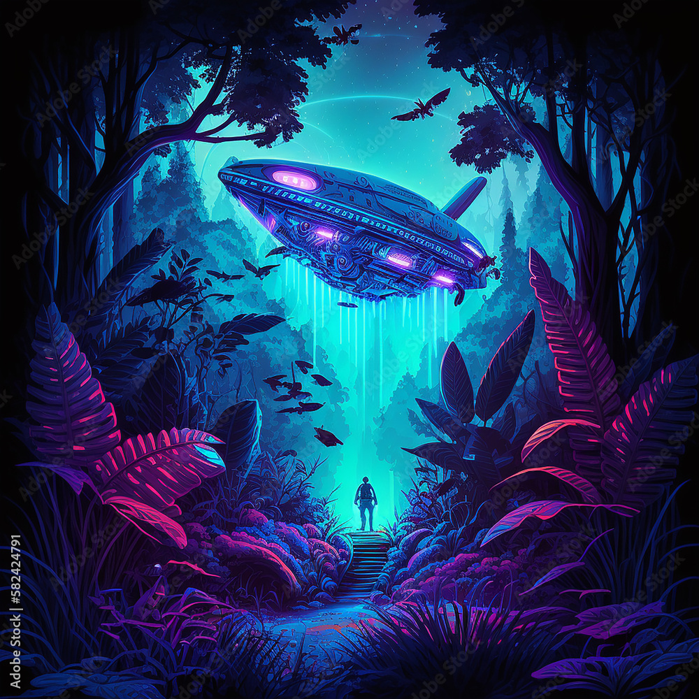 Ilustrace „cyberpunk sci fi alien spaceship ufo is landing in the ...