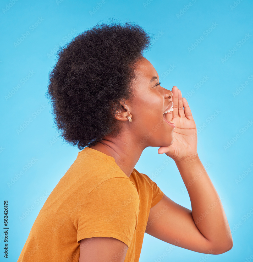 Shout, news and profile of black woman on blue background for ...
