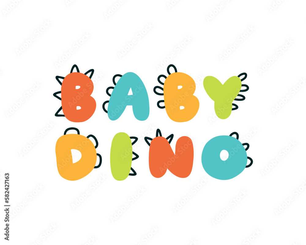 Dinosaur lettering. Baby Dino. Vector illustration in cartoon Scandinavian style. Childish ...