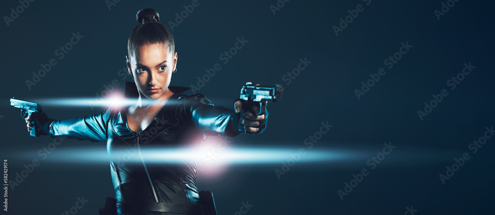 Gun, action and assassin woman isolated on dark background for secret ...
