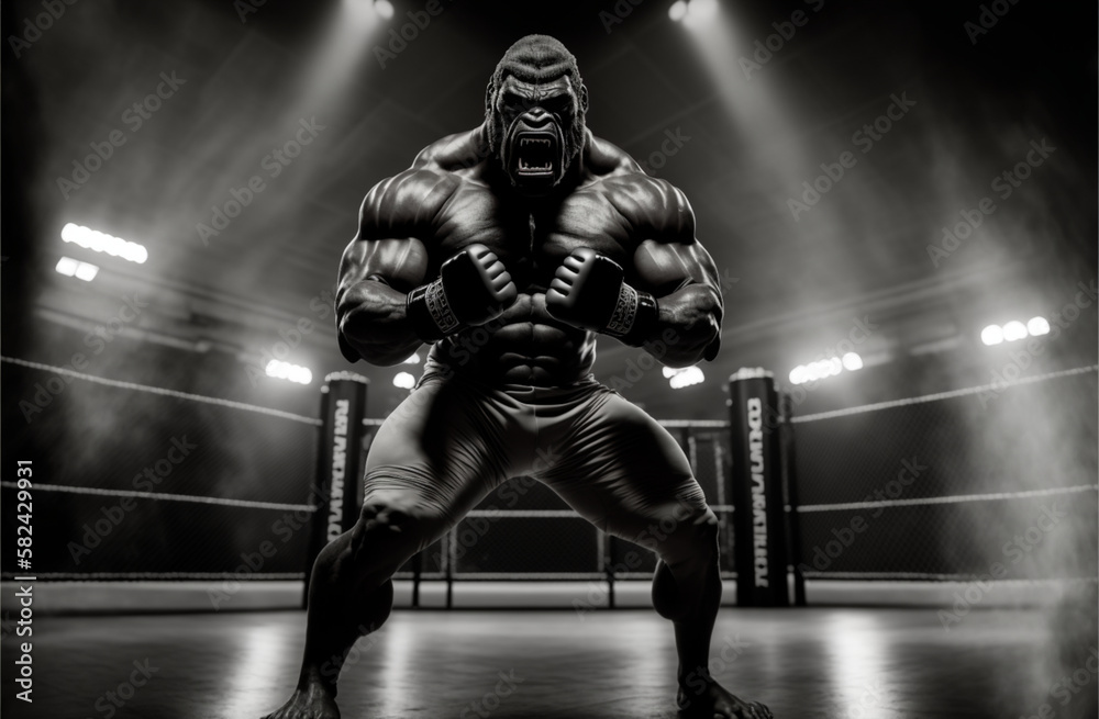 Portrait of angry gorilla MMA fighter, powerful and muscular, anthropomorphic sportsman in mixed ...