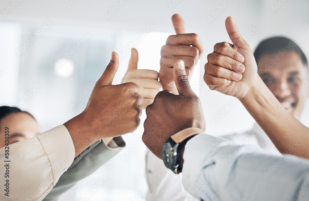 Hands, thumbs up and diversity, team and business people, solidarity ...