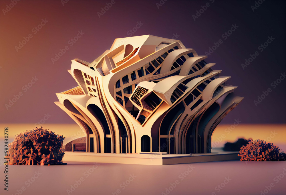 3D printed model of futuristic building with intricate details ...
