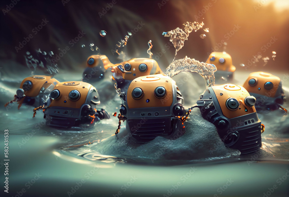 Swarm of tiny robots cleaning polluted river - Generative AI Stock ...
