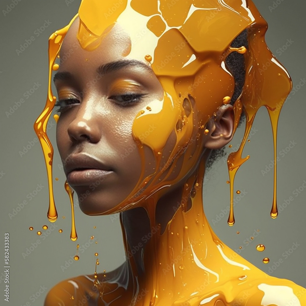 Generative AI: illustration of a black woman covered in dripping honey ...