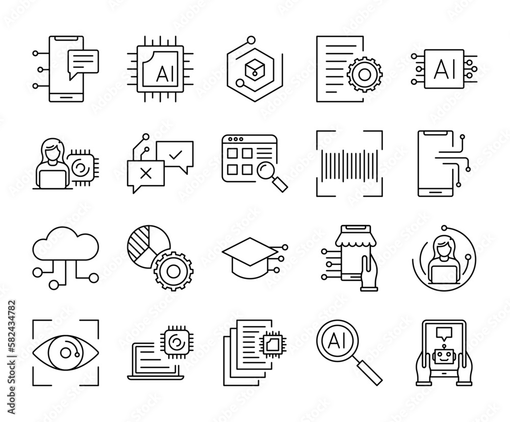 Set of artificial intelligence with editable stroke line icons. Machine ...