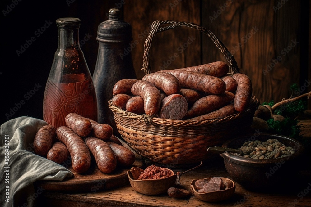 Ukrainian traditional dishes, Still life, kovbasa - smoked sausage made ...