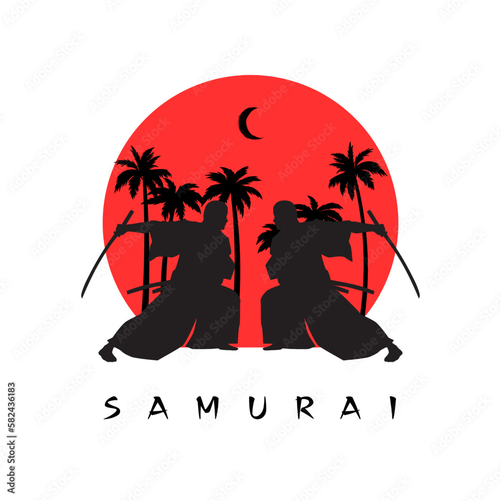 vector 3d illustration. two samurai men holding swords in black ...