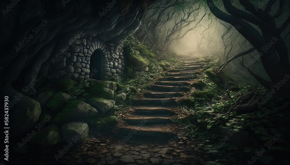 a dark forest with a stone path leading to a stone tunnel with a light at the end of the tunnel ...