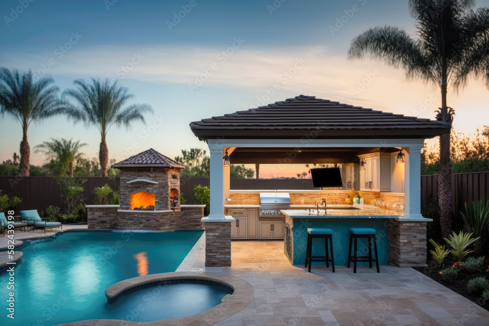 A backyard oasis with a swimming pool, a cabana, and a built-in ...