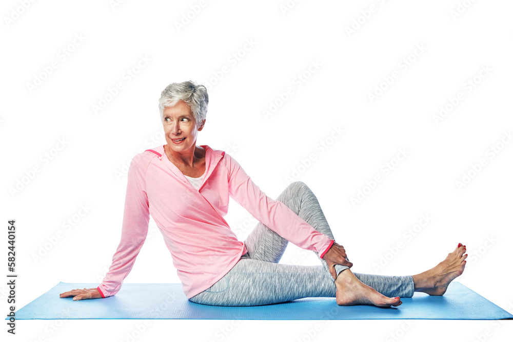 Flexibility, fitness and senior woman in yoga twist to stretch for old ...