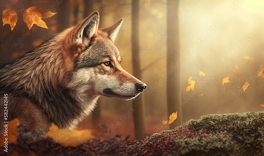 a wolf standing in a forest with leaves on the ground and a light ...