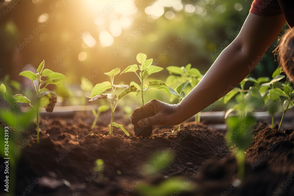 People planting trees or working in community garden promoting local ...