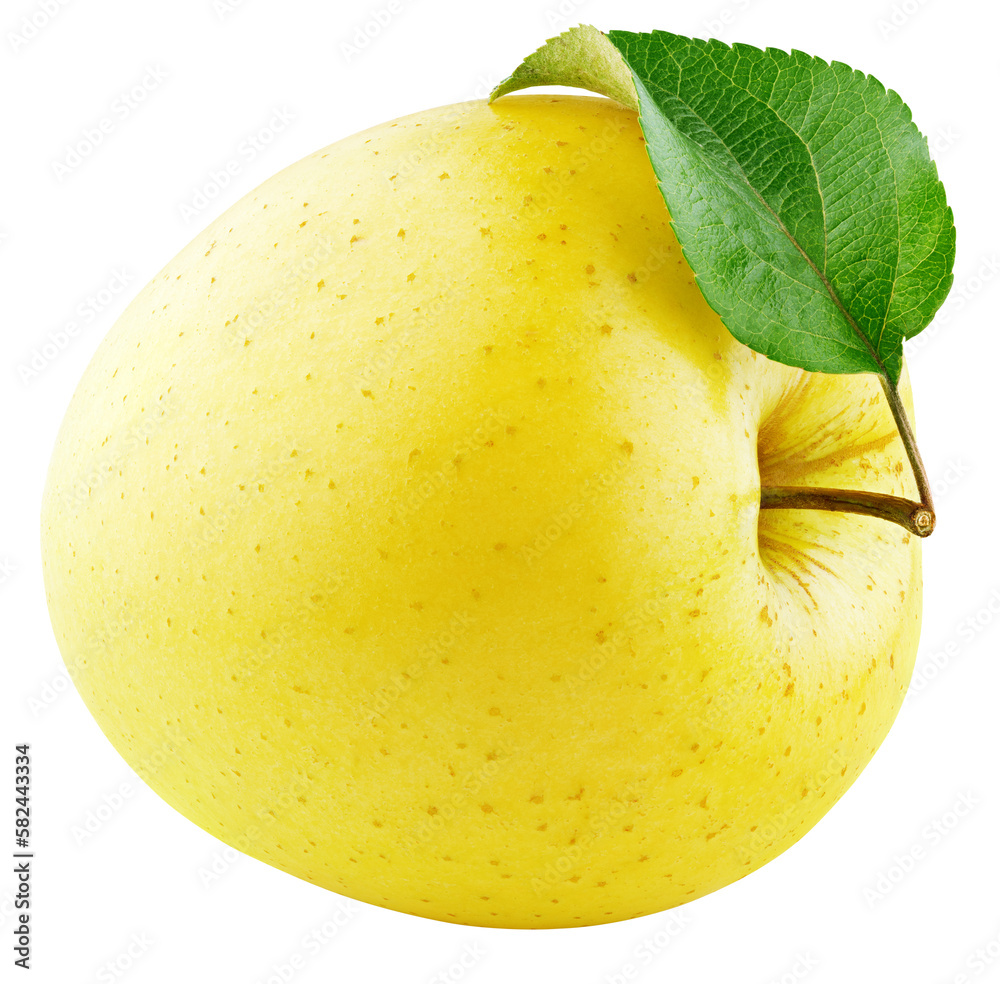 Single ripe yellow apple fruit with green leaf isolated on transparent ...