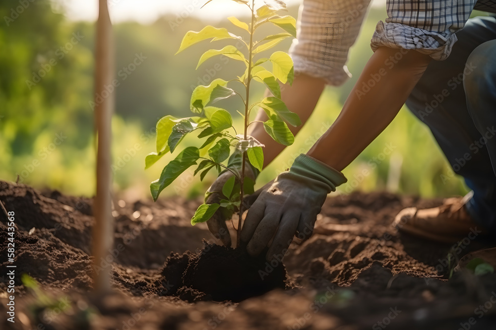 People planting trees or working in community garden promoting local ...