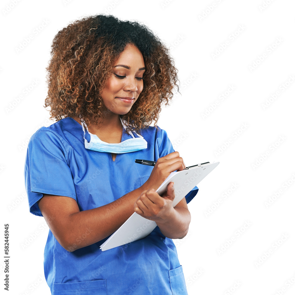 Nurse, healthcare and black woman writing on checklist mockup. Wellness ...
