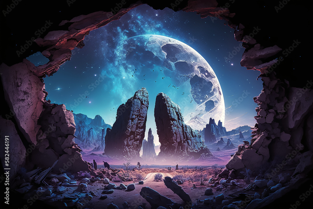 Background half large moon that appears on the edge of the horizon from ...