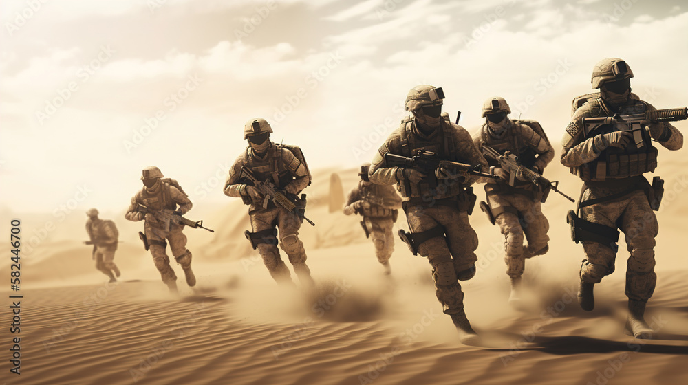 Military Tactical Special Squad Special Forces Unit, running through a ...