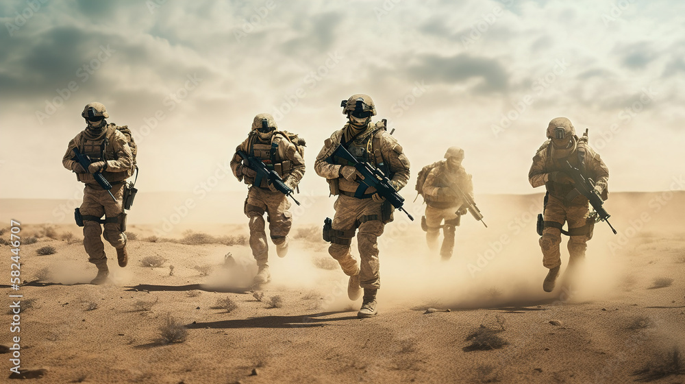 Military Tactical Special Squad Special Forces Unit, running through a ...