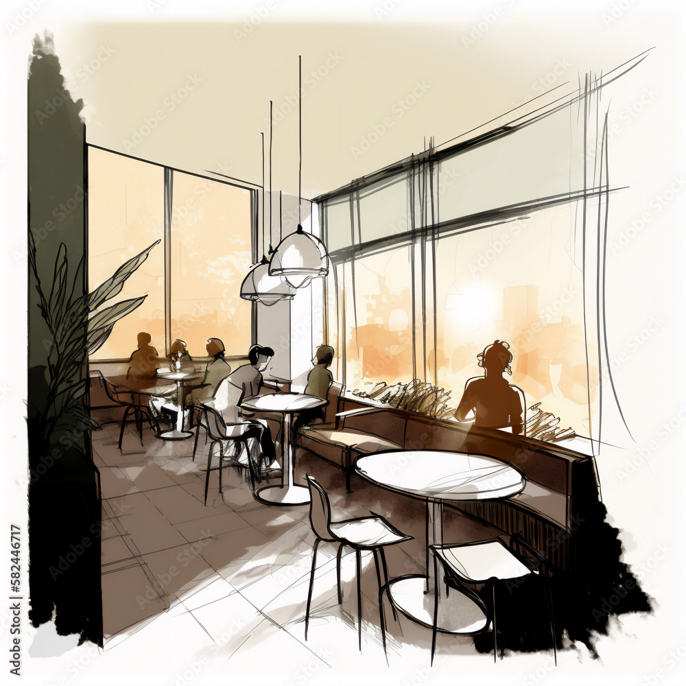 Sketch drawing of a cozy coffee shop. Visitors sit at tables near a ...