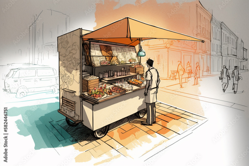 Street food stall. Illustration created with Generative AI technology ...