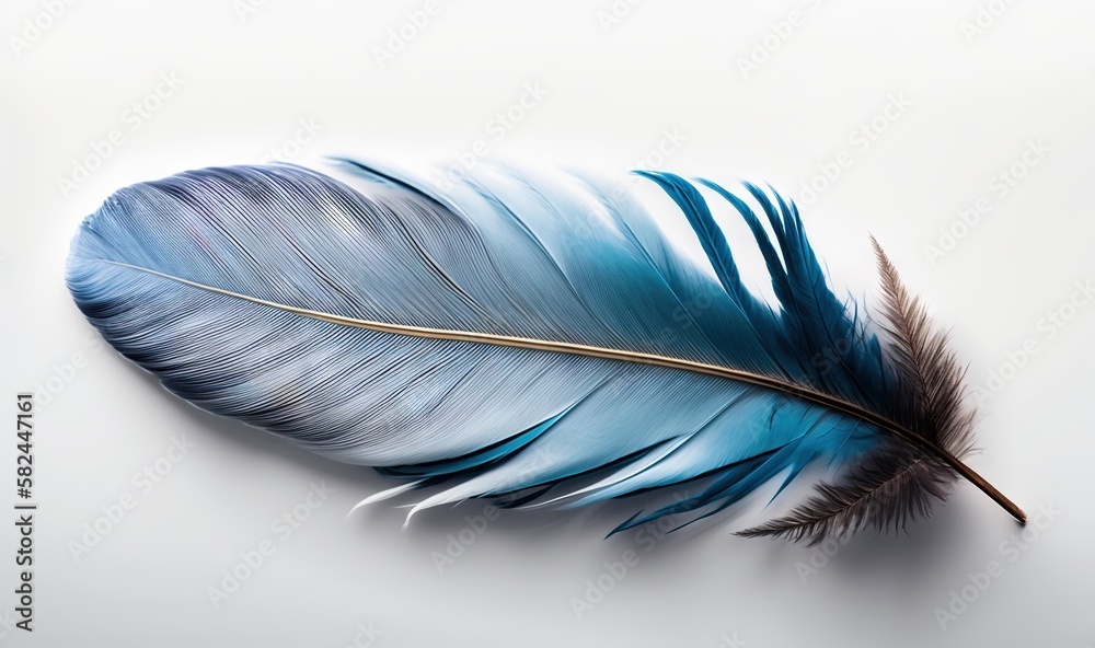 a blue feather with a gold tip on a white background with a reflection ...