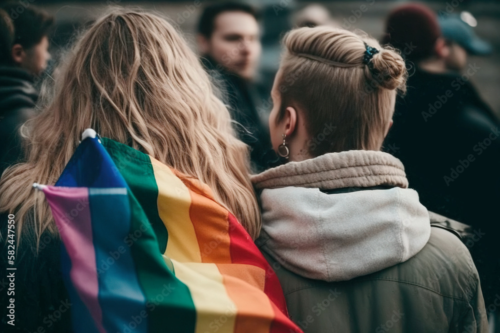 Two women embrace each other with the beautiful rainbow flag draped ...